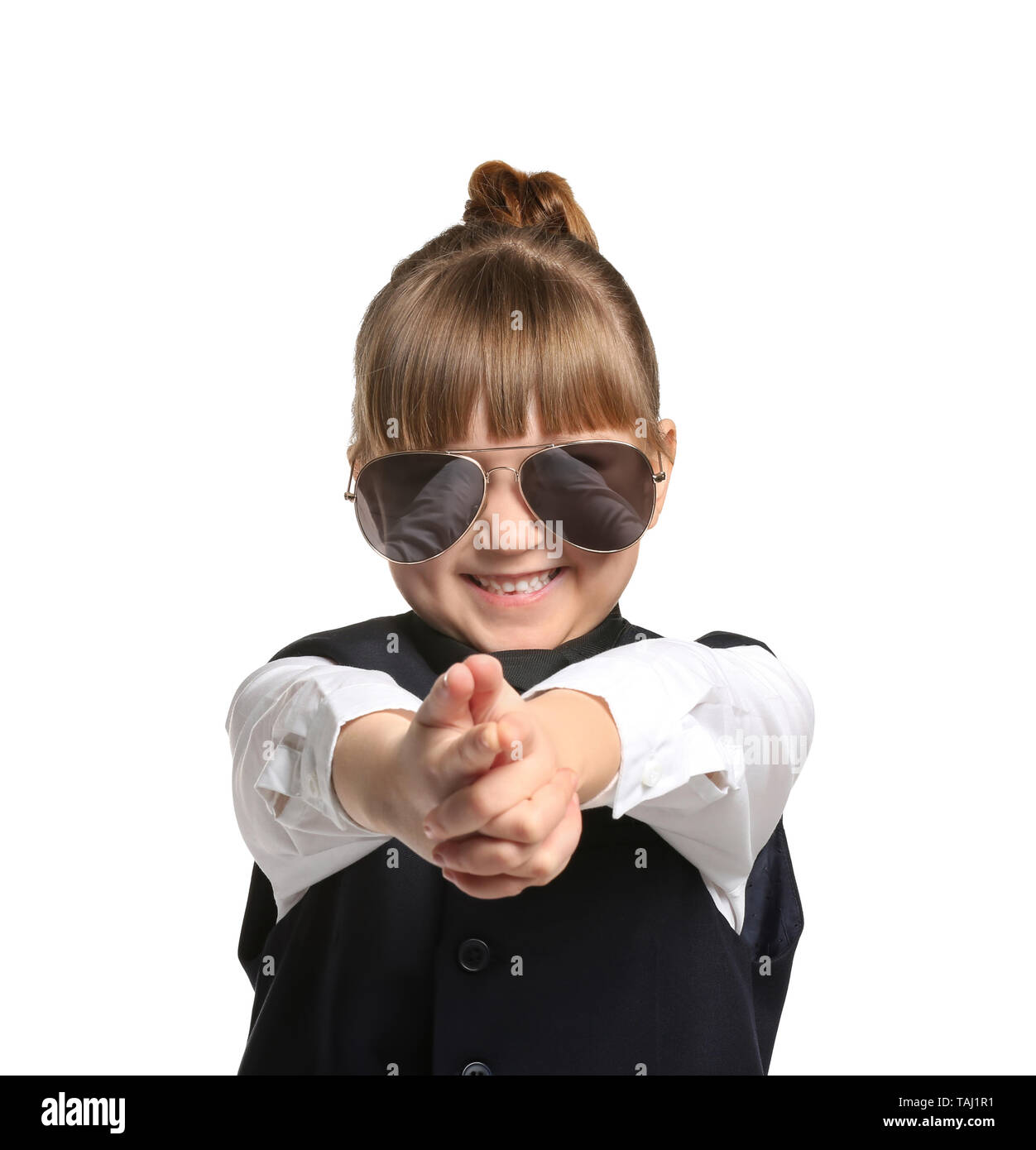 Portrait of cute little security guard on white background Stock Photo ...