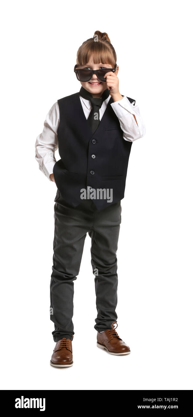 Portrait of cute little security guard on white background Stock Photo ...