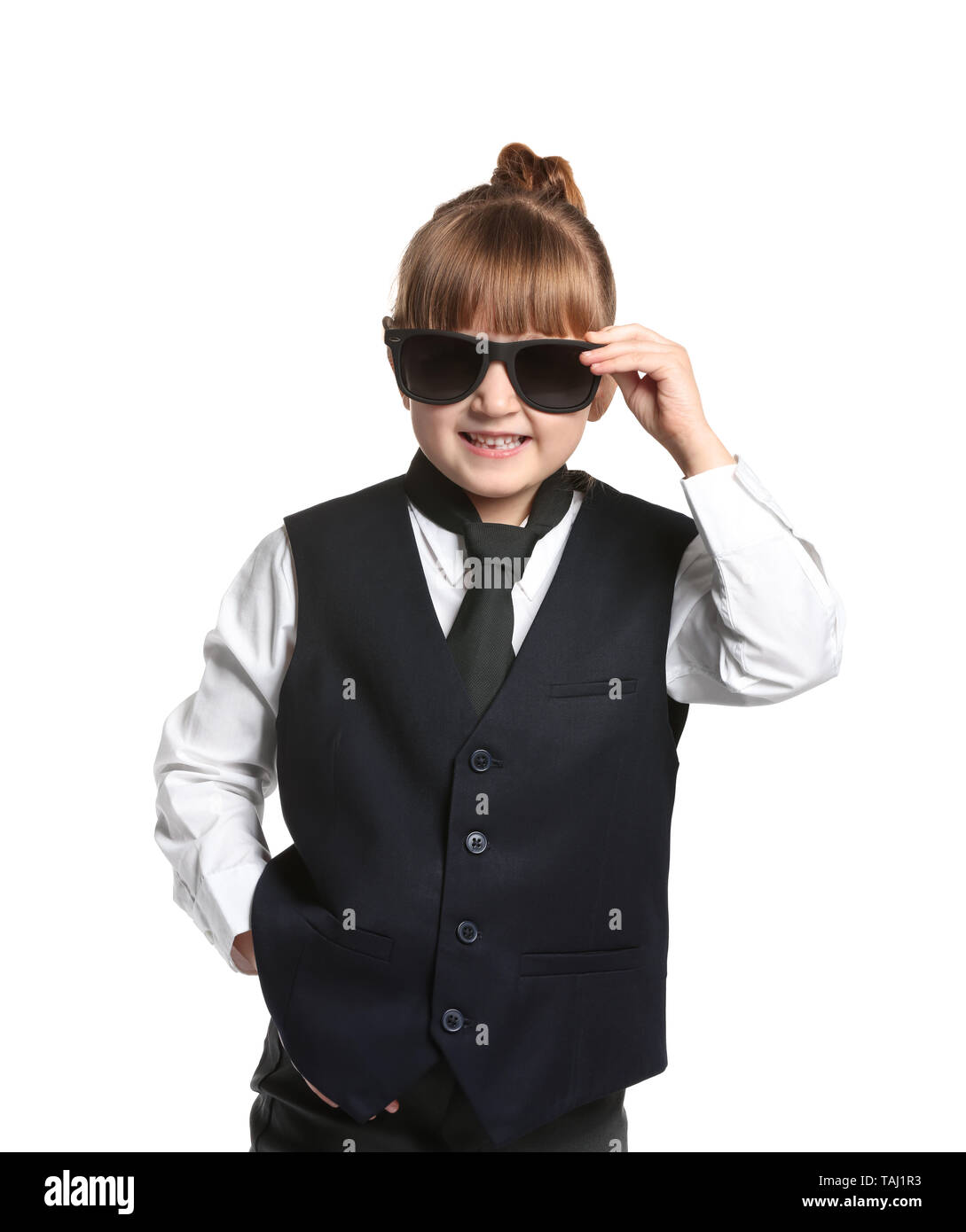 Portrait of cute little security guard on white background Stock Photo ...