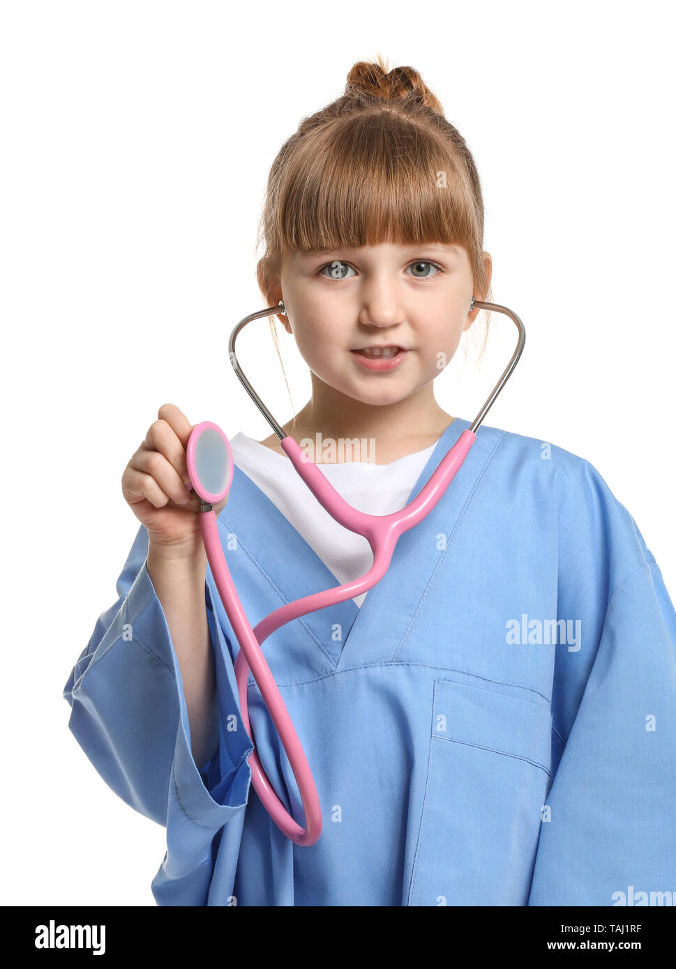 Portrait of cute little doctor with stethoscope on white background ...