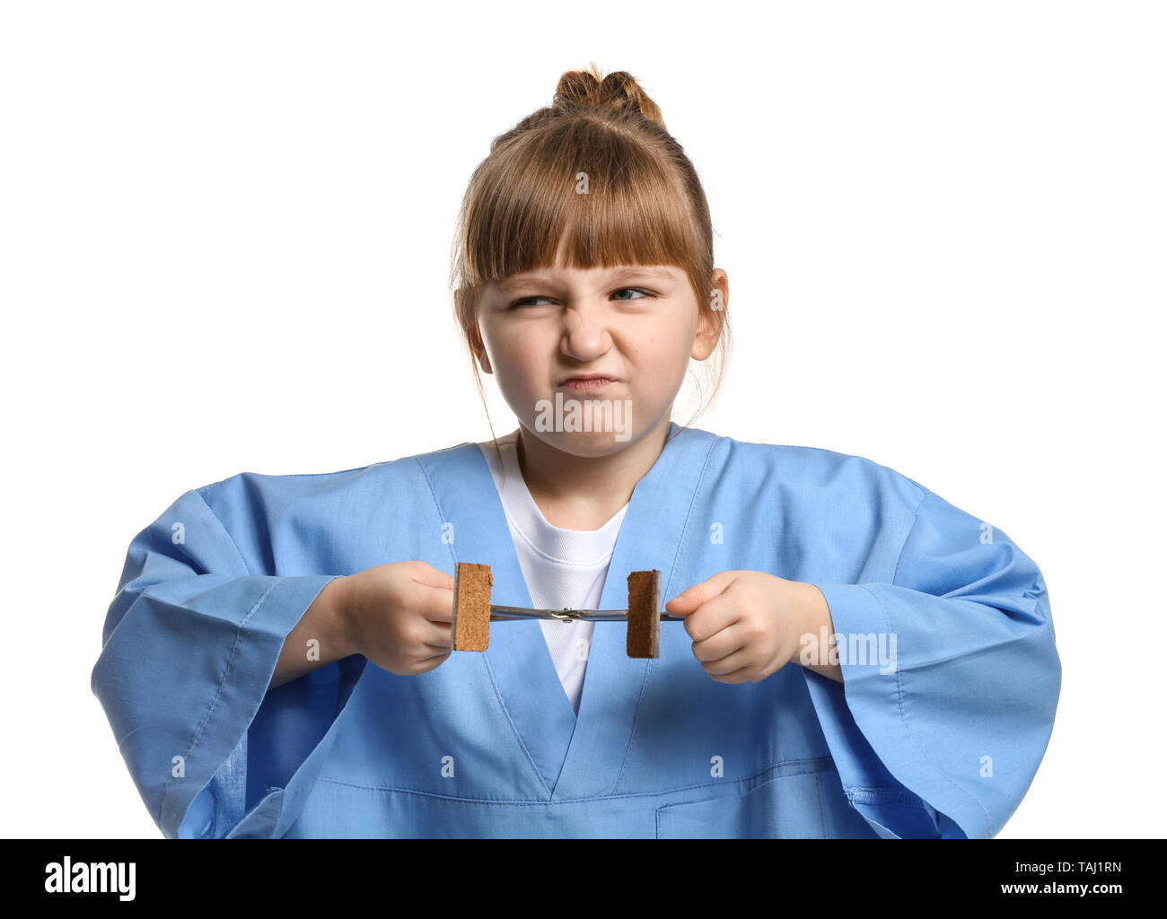 Portrait of cute little doctor on white background Stock Photo - Alamy