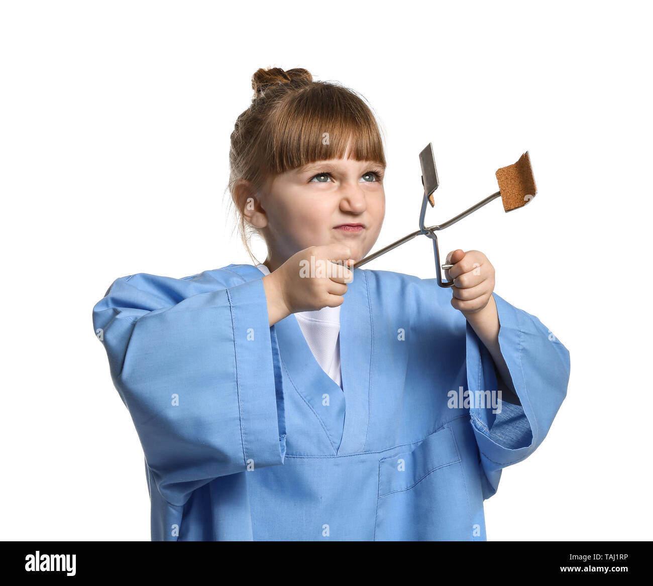 Portrait of cute little doctor on white background Stock Photo - Alamy