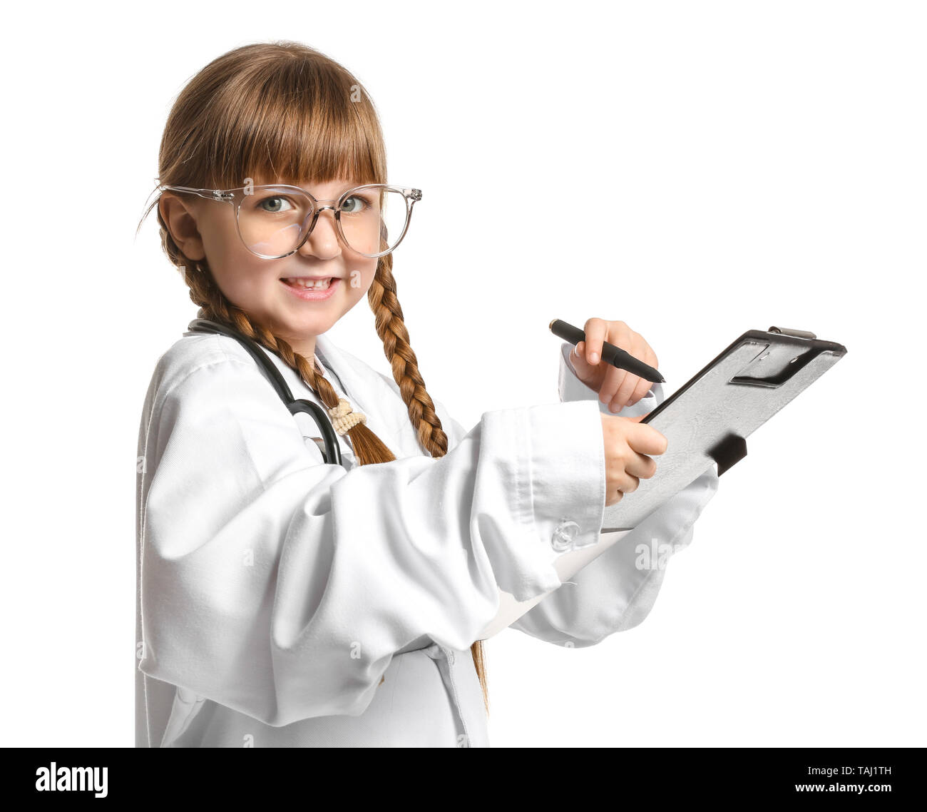 Portrait of cute little doctor on white background Stock Photo - Alamy