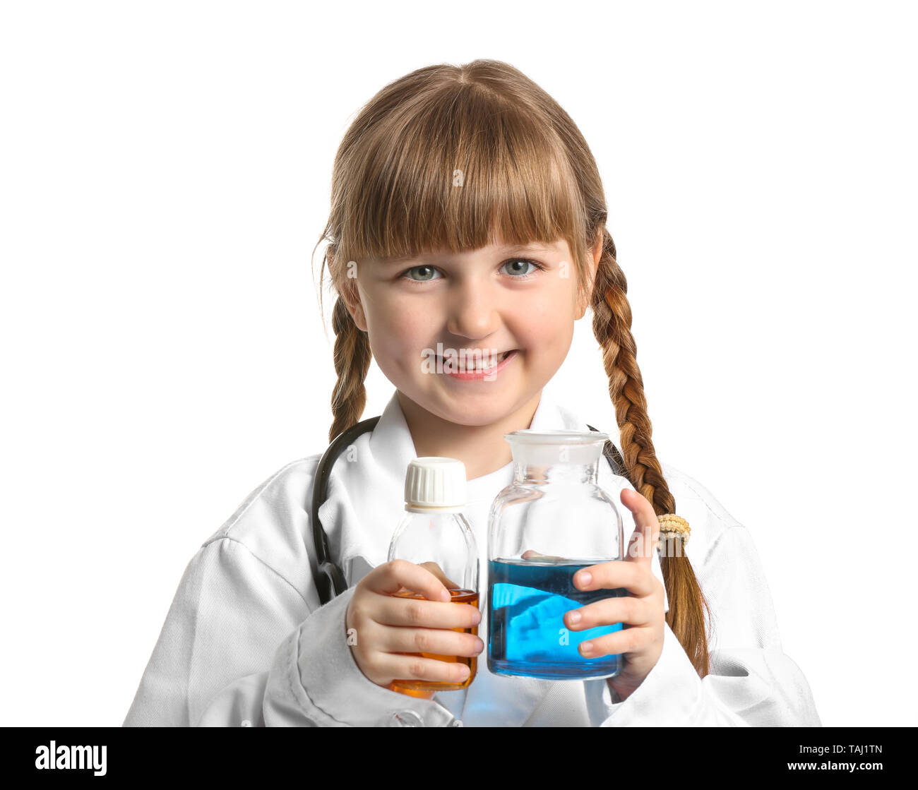 Portrait of cute little laboratory worker on white background Stock ...