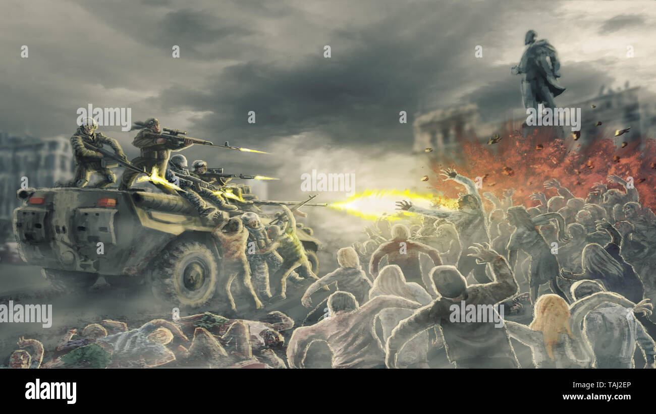 Horde zombies attack shooting soldiers on street of dead city ...