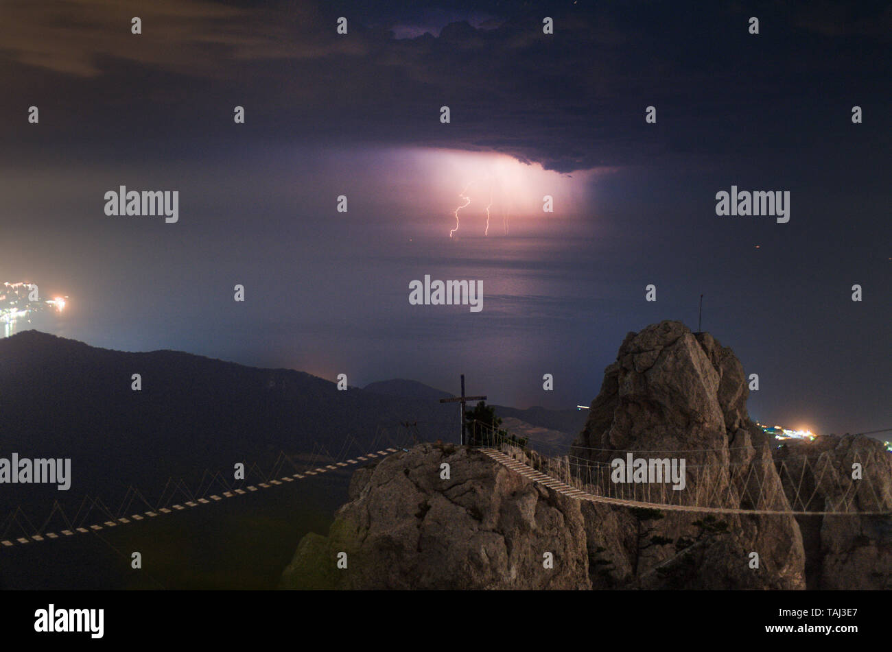 Night thunderstorm over the sea. Lightning to the water of Black Sea ...