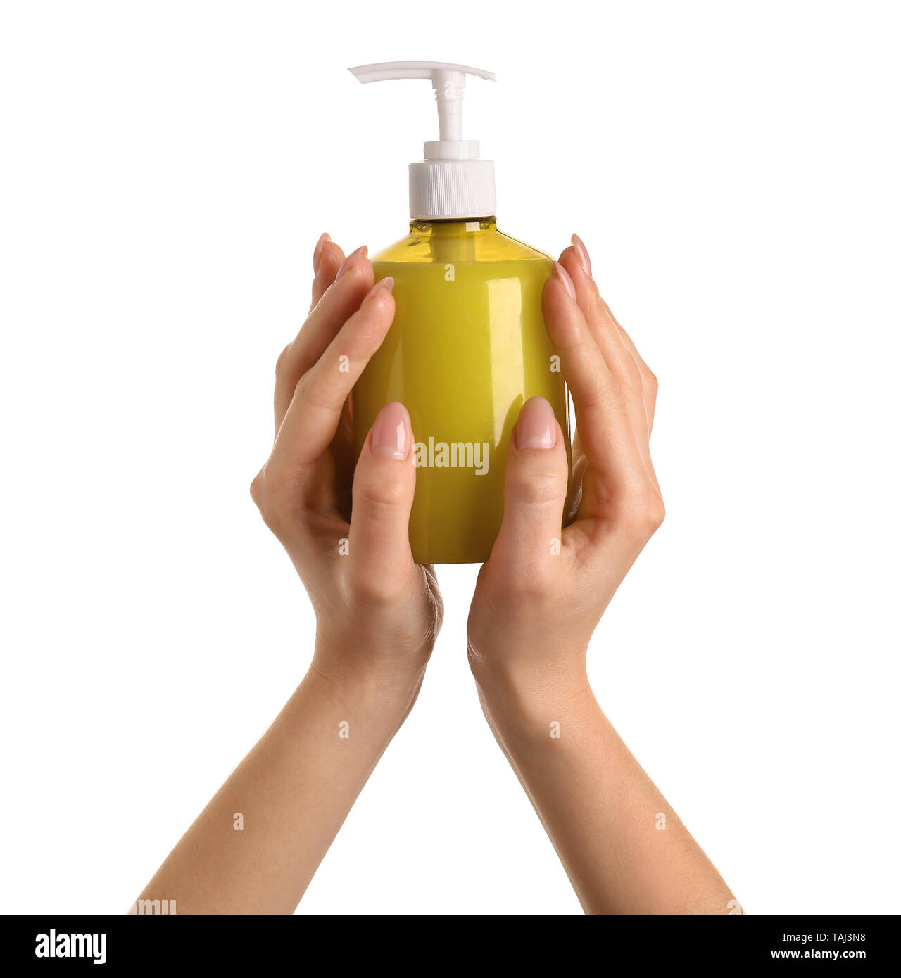 Female hands with liquid soap on white background Stock Photo - Alamy