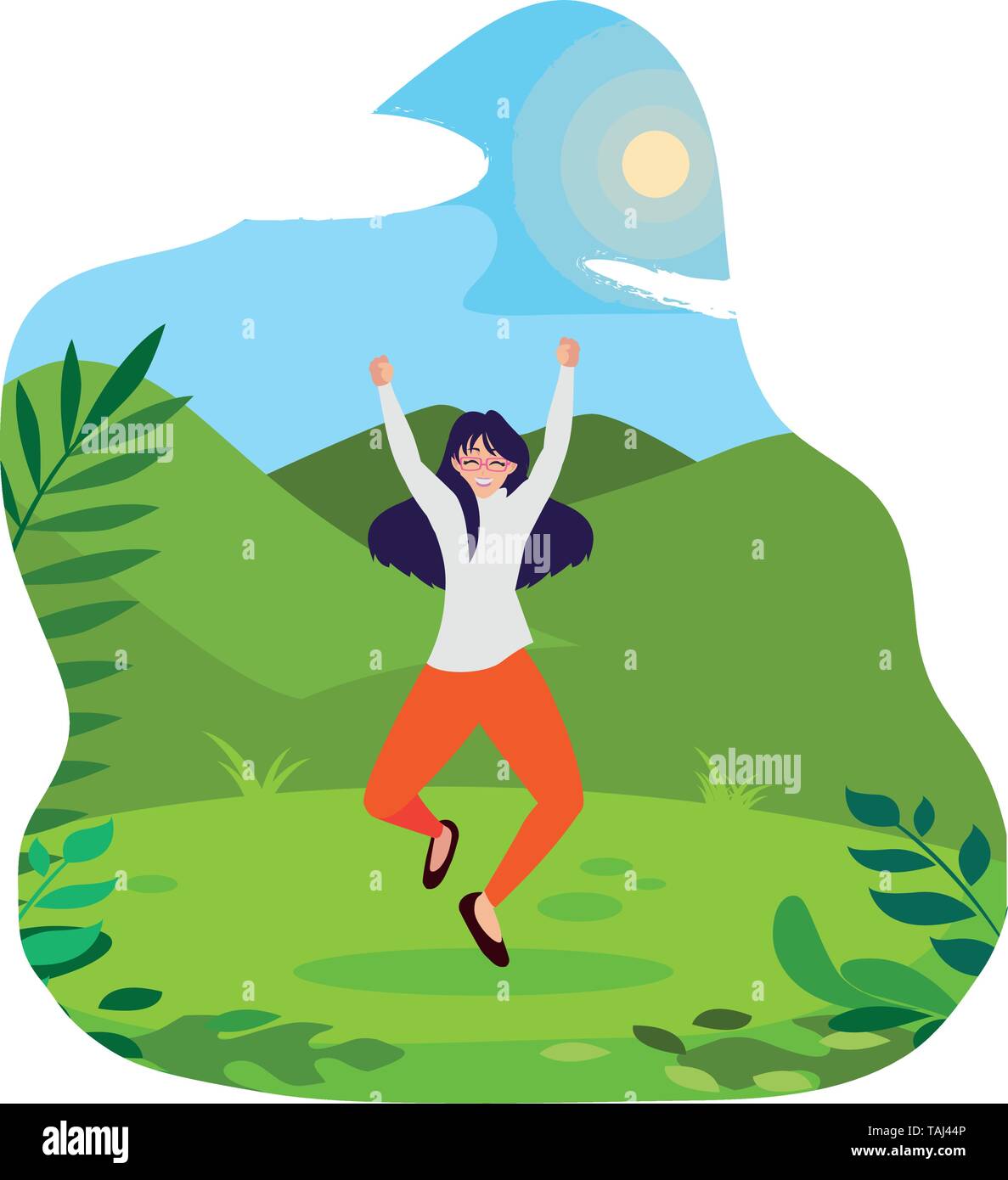 happy young woman celebrating in the camp vector illustration design ...