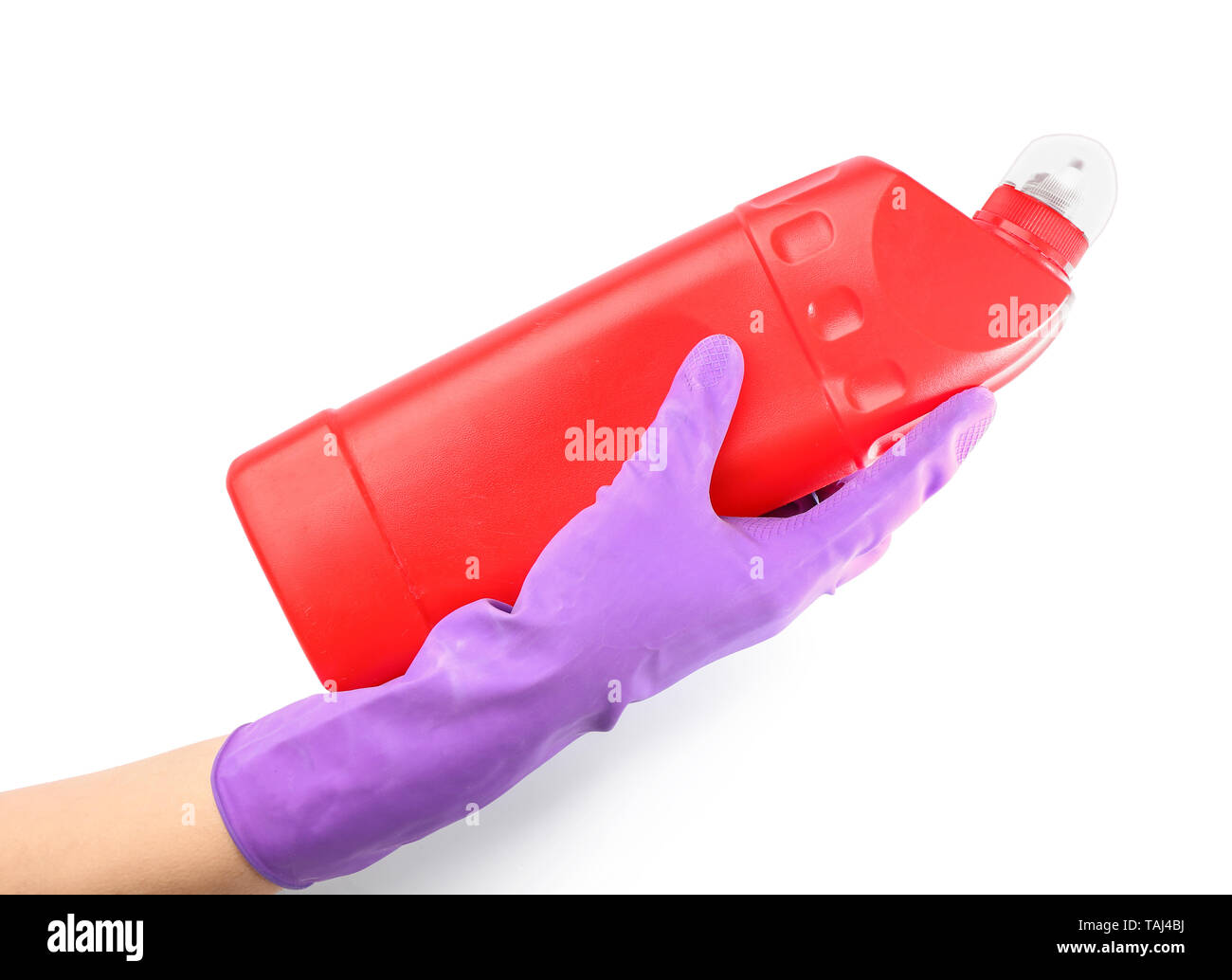 Hand of female janitor with detergent on white background Stock Photo ...