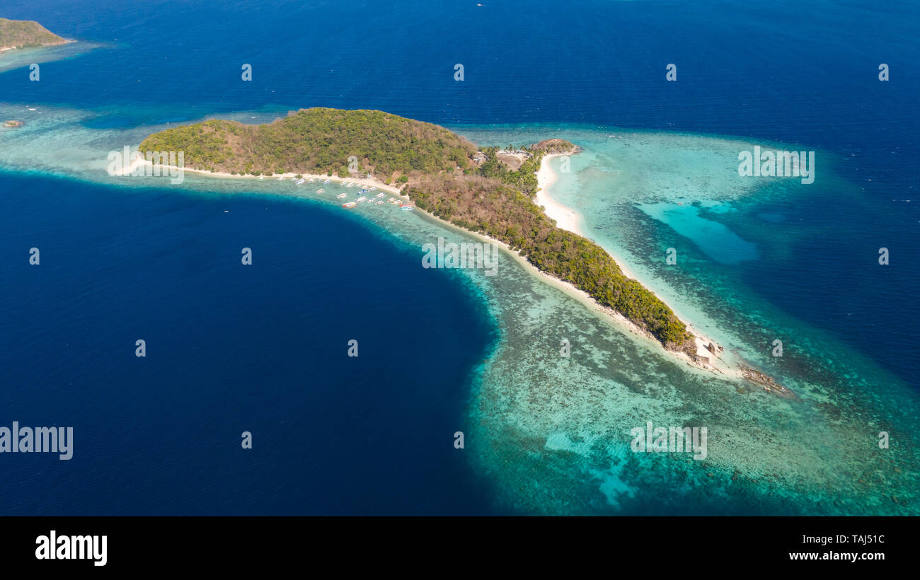 aerial seascape tourists enjoy the tropical beach. tropical island with ...
