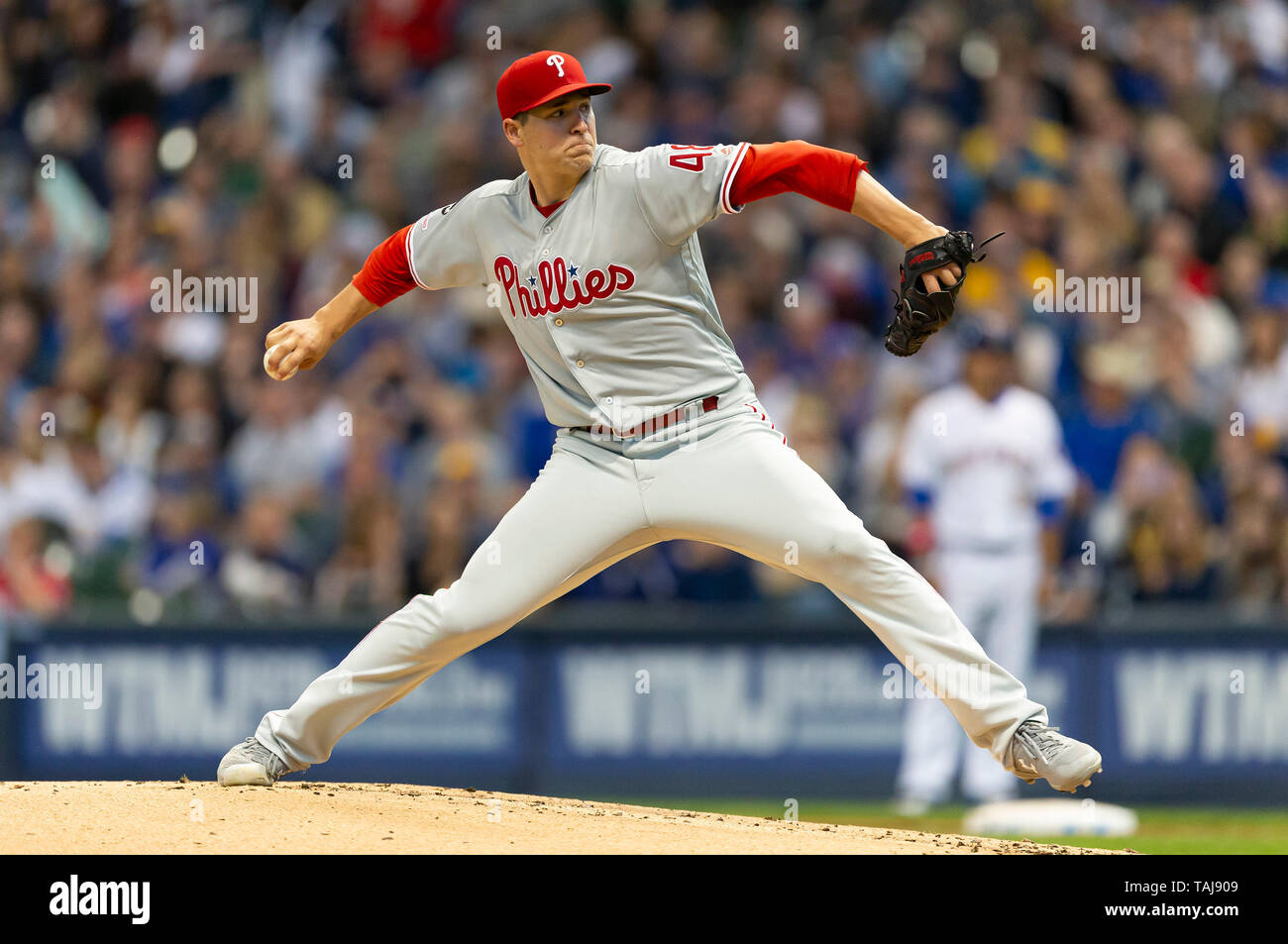 Milwaukee, WI, USA. 24th May, 2019. Philadelphia Phillies starting pitcher Jerad Eickhoff #48 ...
