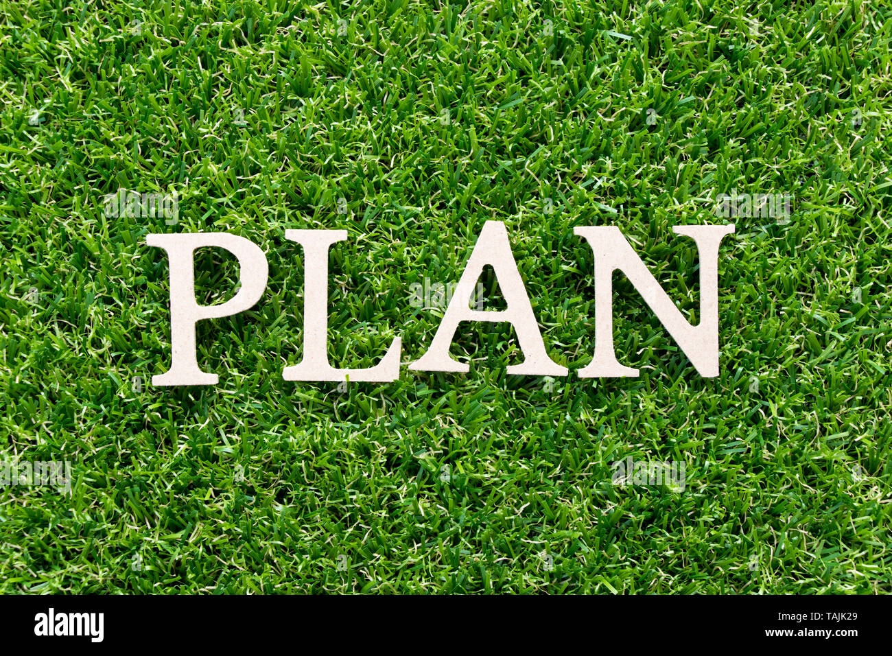 Wood alphabet in word plan on artificial green grass background Stock ...