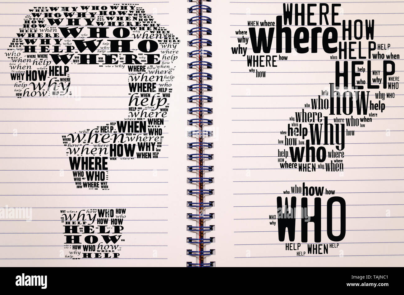 Question mark word cloud collage over notepad background Stock Photo ...