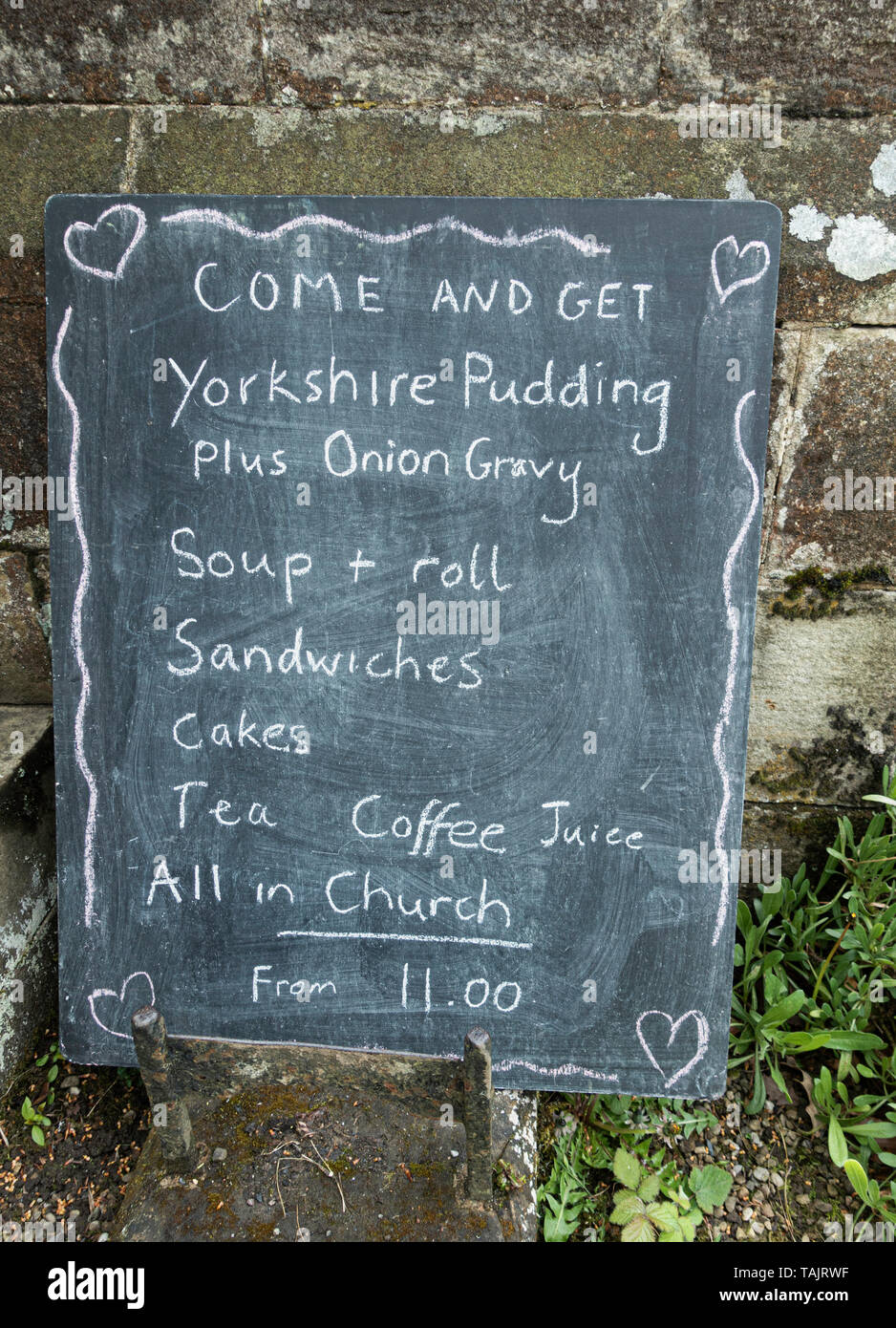 Yorkshire Puddings on menu outside church cafe. Yorkshire, UK Stock ...