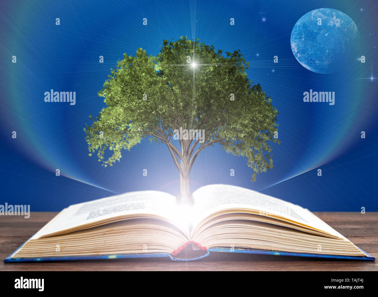 a tree of knowledge grows from an expanded book against the background ...