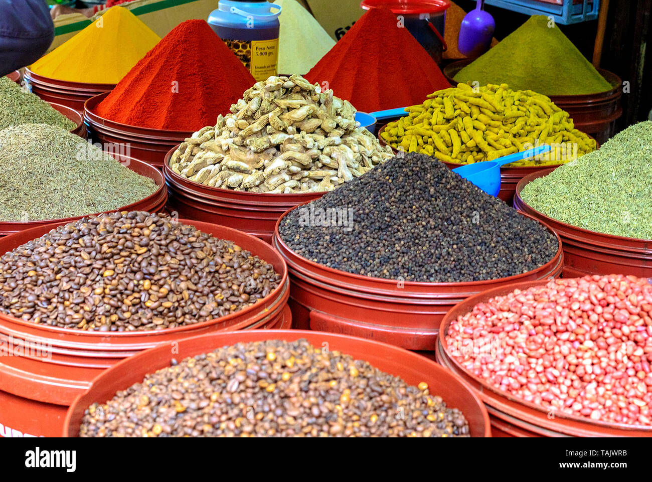 Traditional Spices at the market Marrakesh, Morocco. Coffee, paprika ...