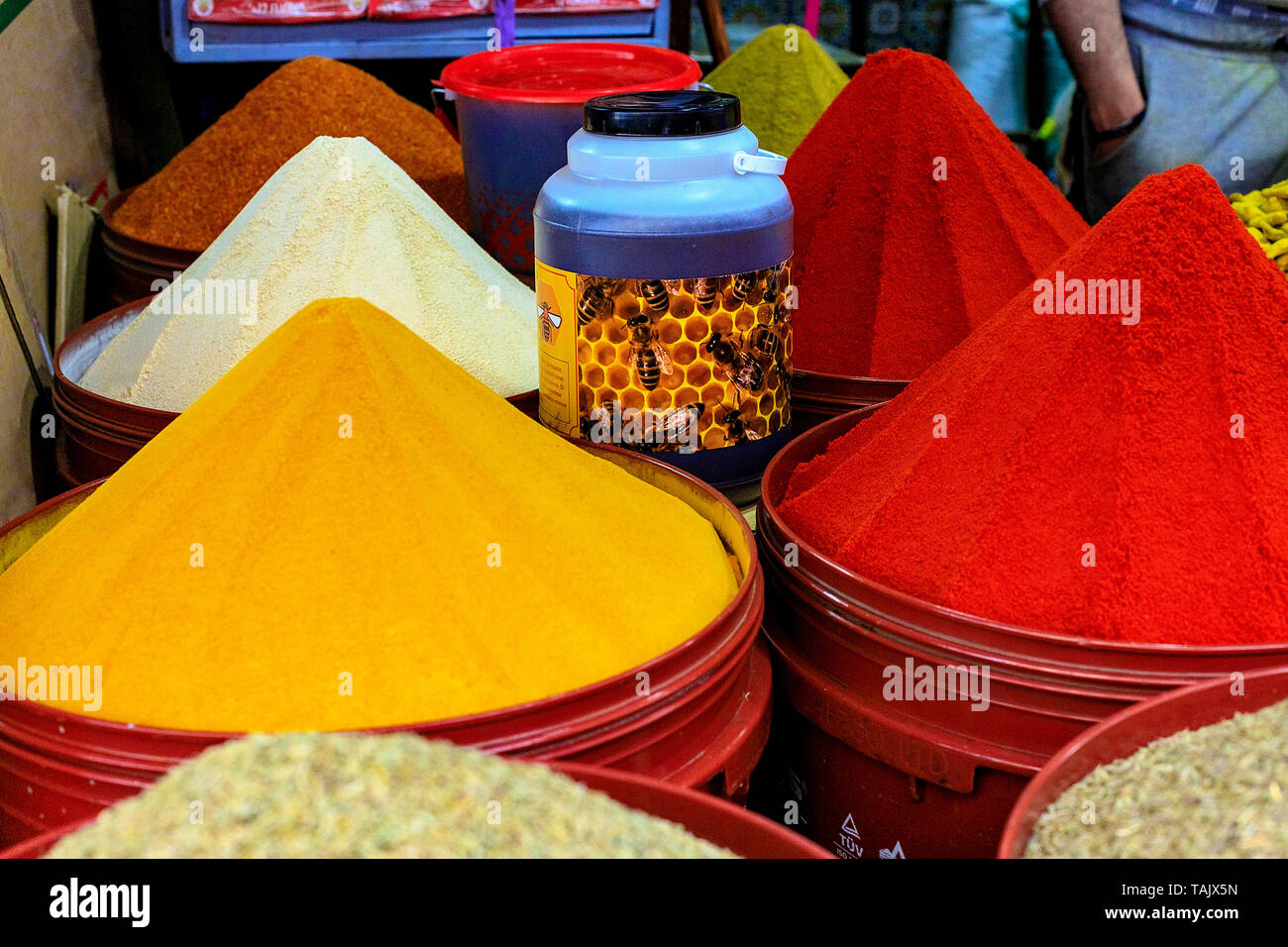 Traditional Spices at the market Marrakesh, Morocco. Coffee, paprika ...