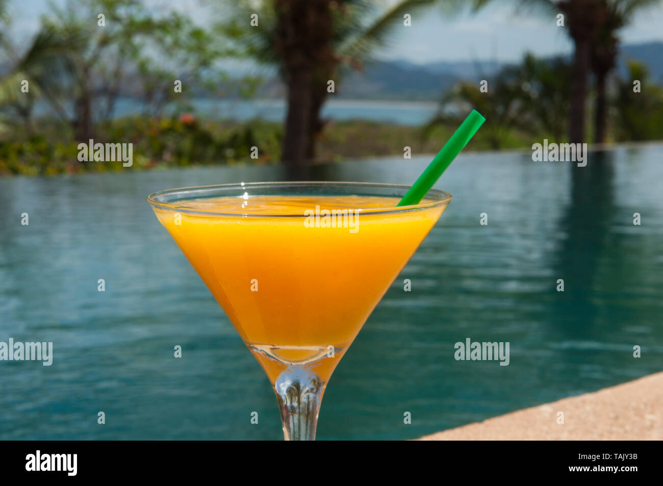 Mango margarita beside a pool with palm trees and the ocean in the ...