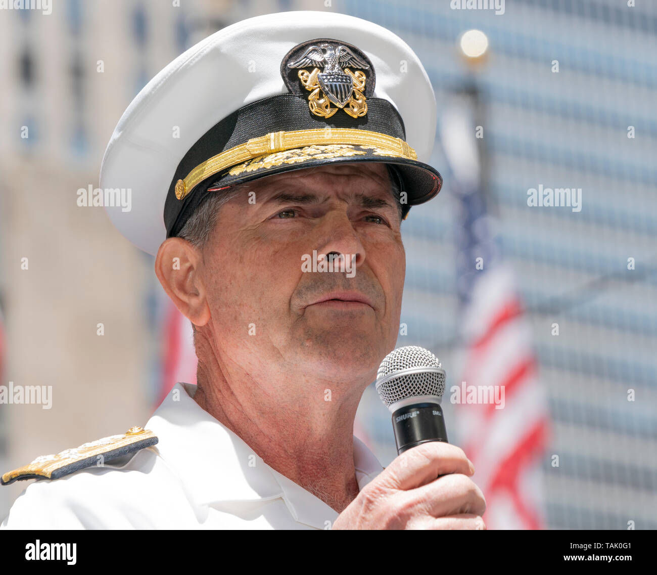 New York, NY - May 25, 2019: Admiral Bill William Moran speaks on stage ...