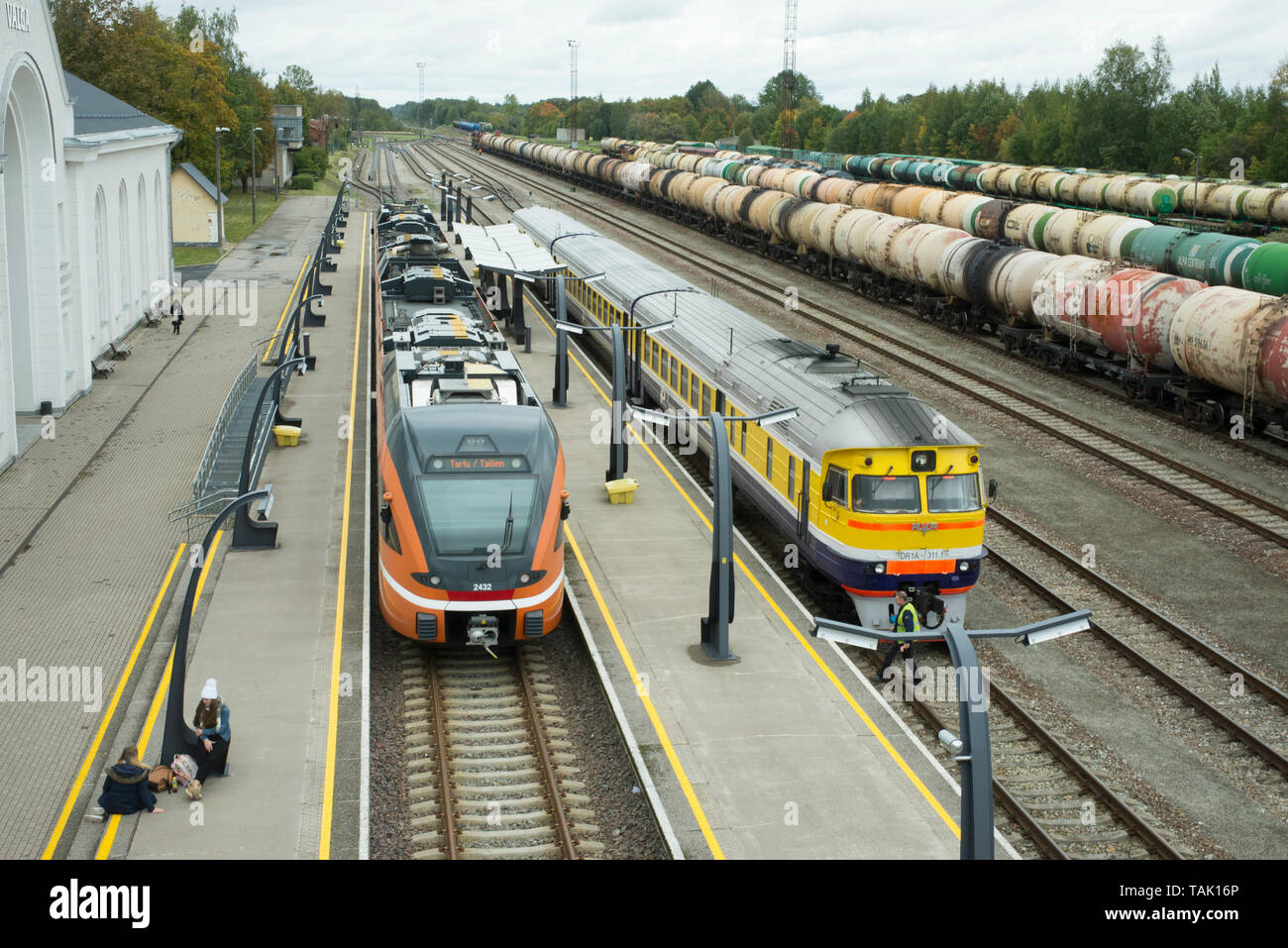 Valga Station on the border. The orange train is the Estonian (Elron ...
