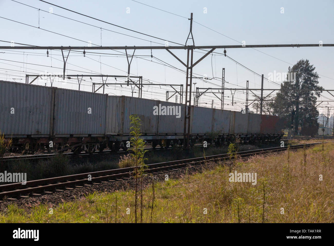 A close up view of lots of containers on the transportation train ...