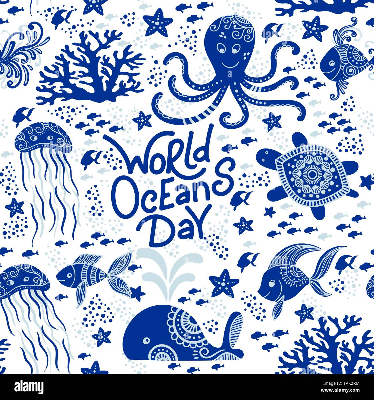 World ocean day hand drawn lettering and underwater animals ...