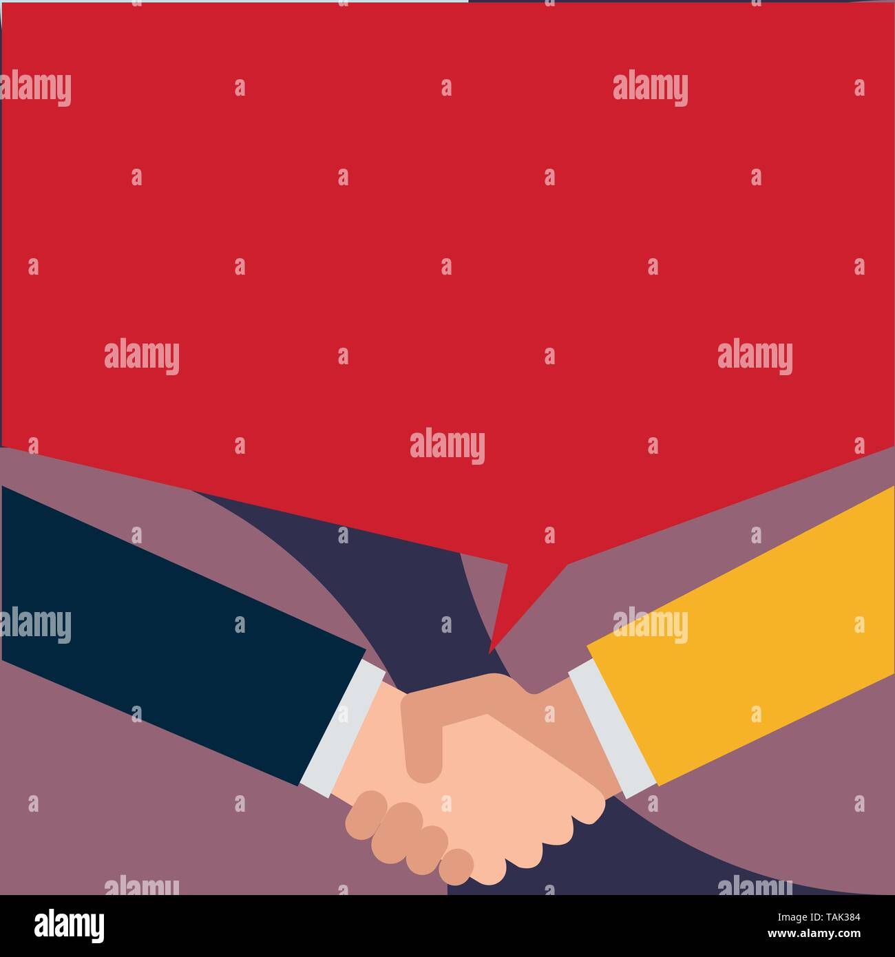 Just two men hands shaking showing a deal sharing blank speech bubble ...