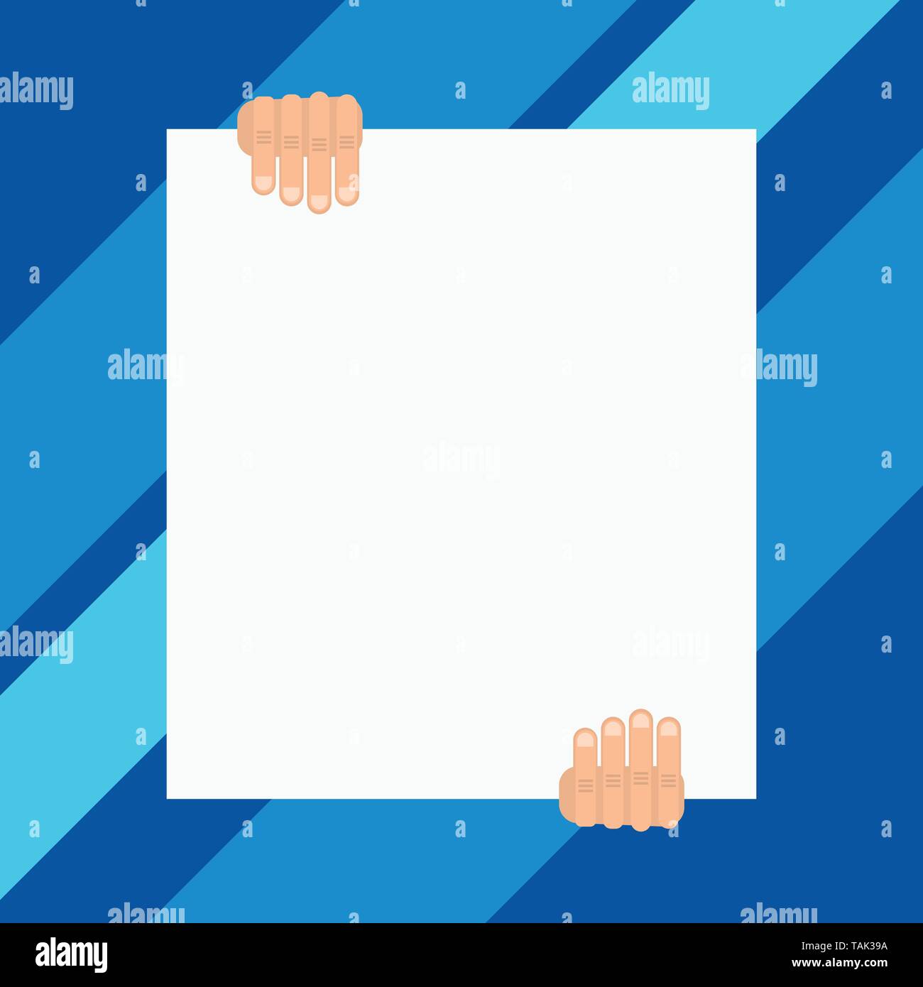 Two hands holding big blank rectangle up down Geometrical background ...