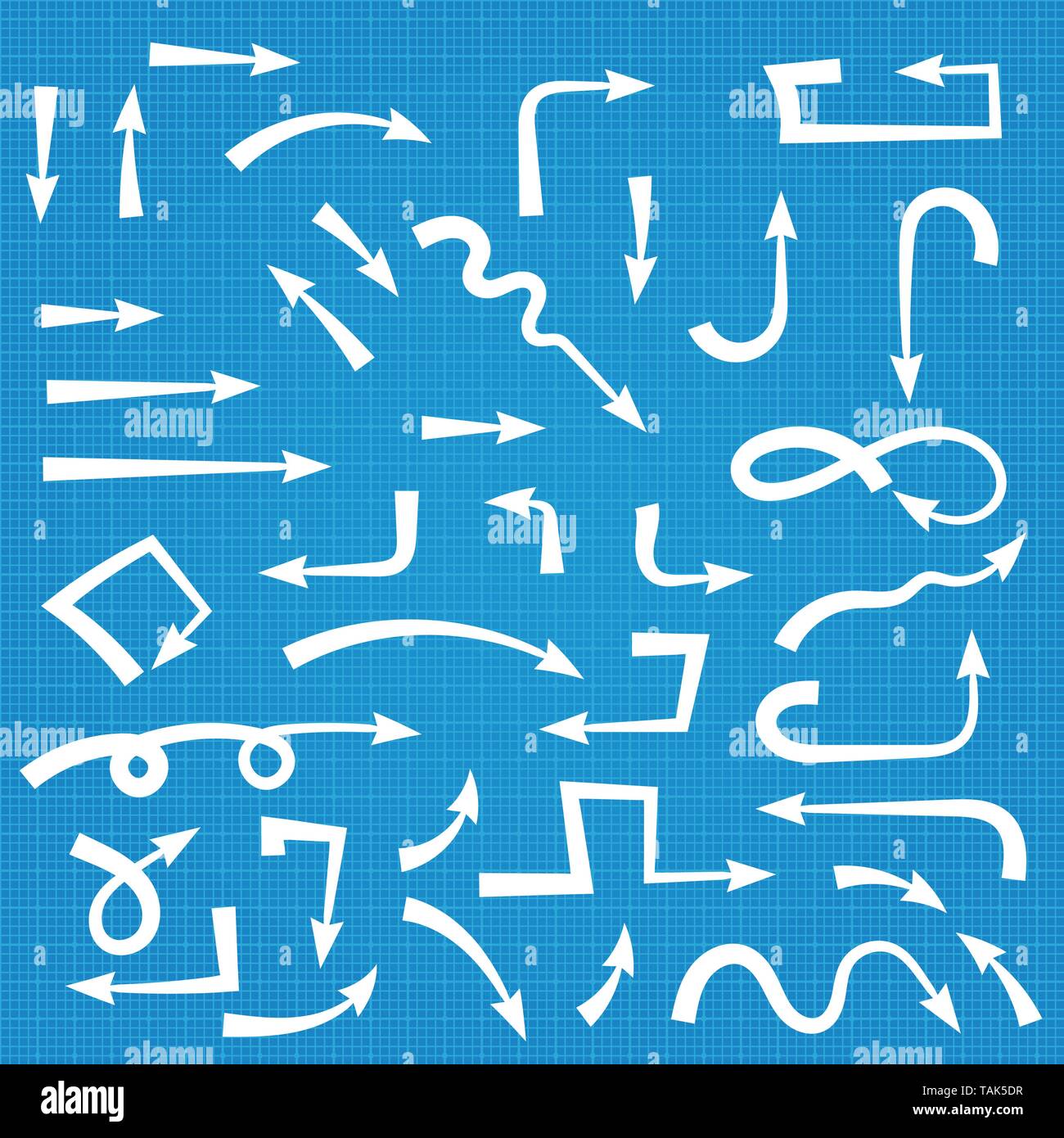 White hand drawn arrows on blueprint background. Set Stock Vector Image ...