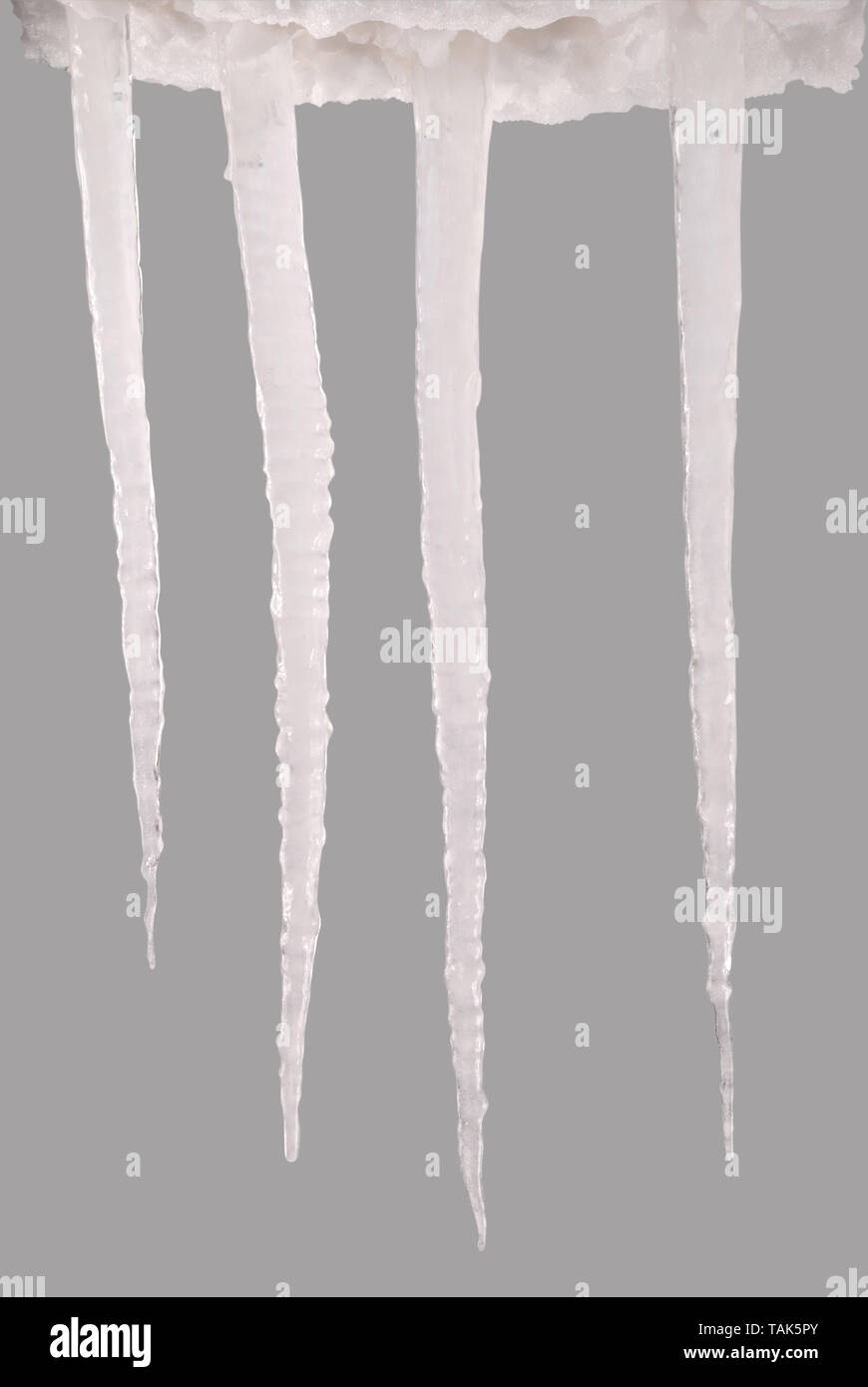 Icicles isolated on a grey background. Frozen water. Clipping path ...