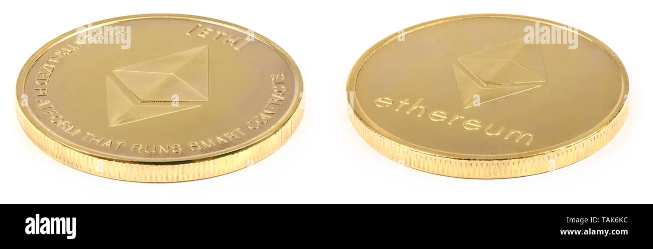 Golden ethereum isolated on white background. Front and back sides are ...