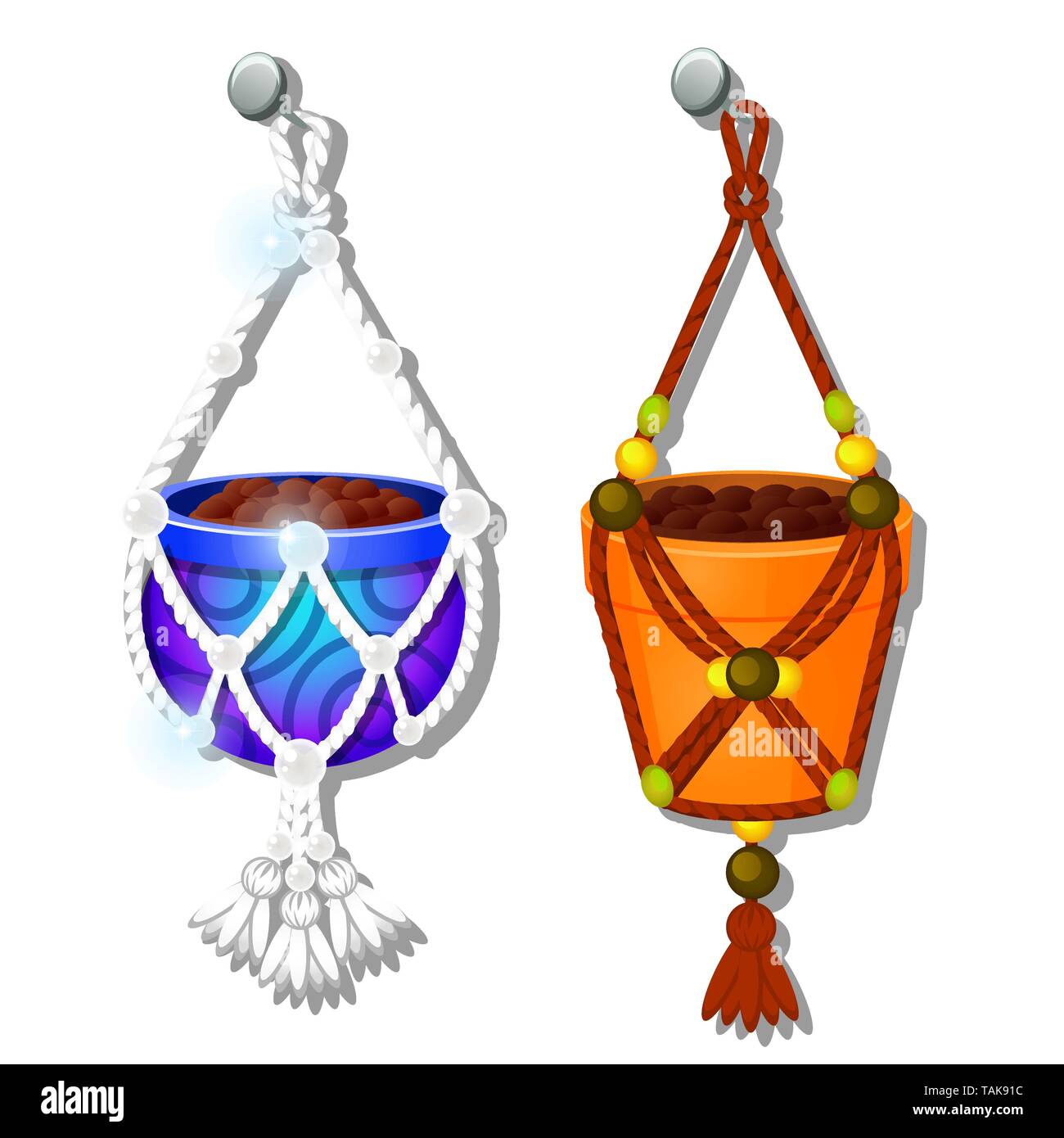 Set of flower pots hanging on the rope isolated on white background ...