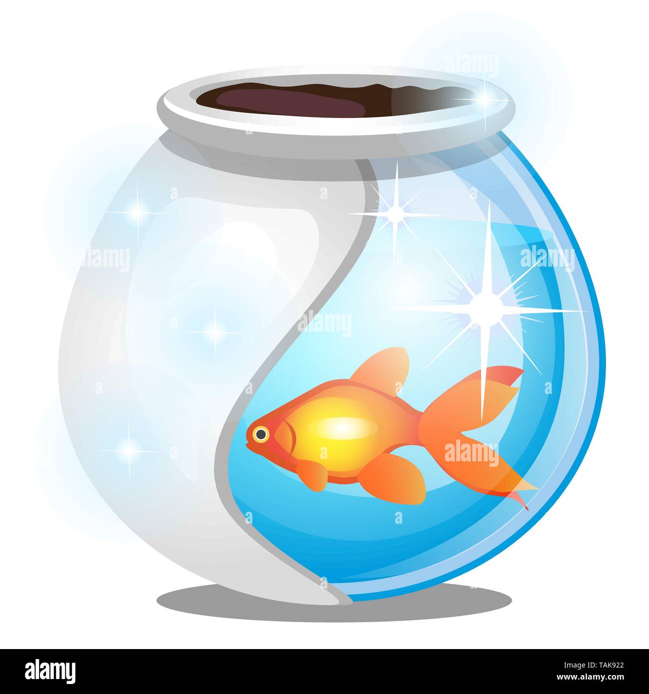 Gold fish inside a round glass aquarium isolated on white background ...