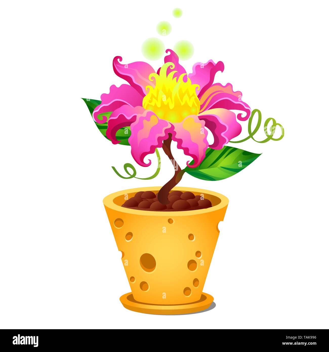 Fantasy bright burning flower in flowerpot with texture of cheese ...