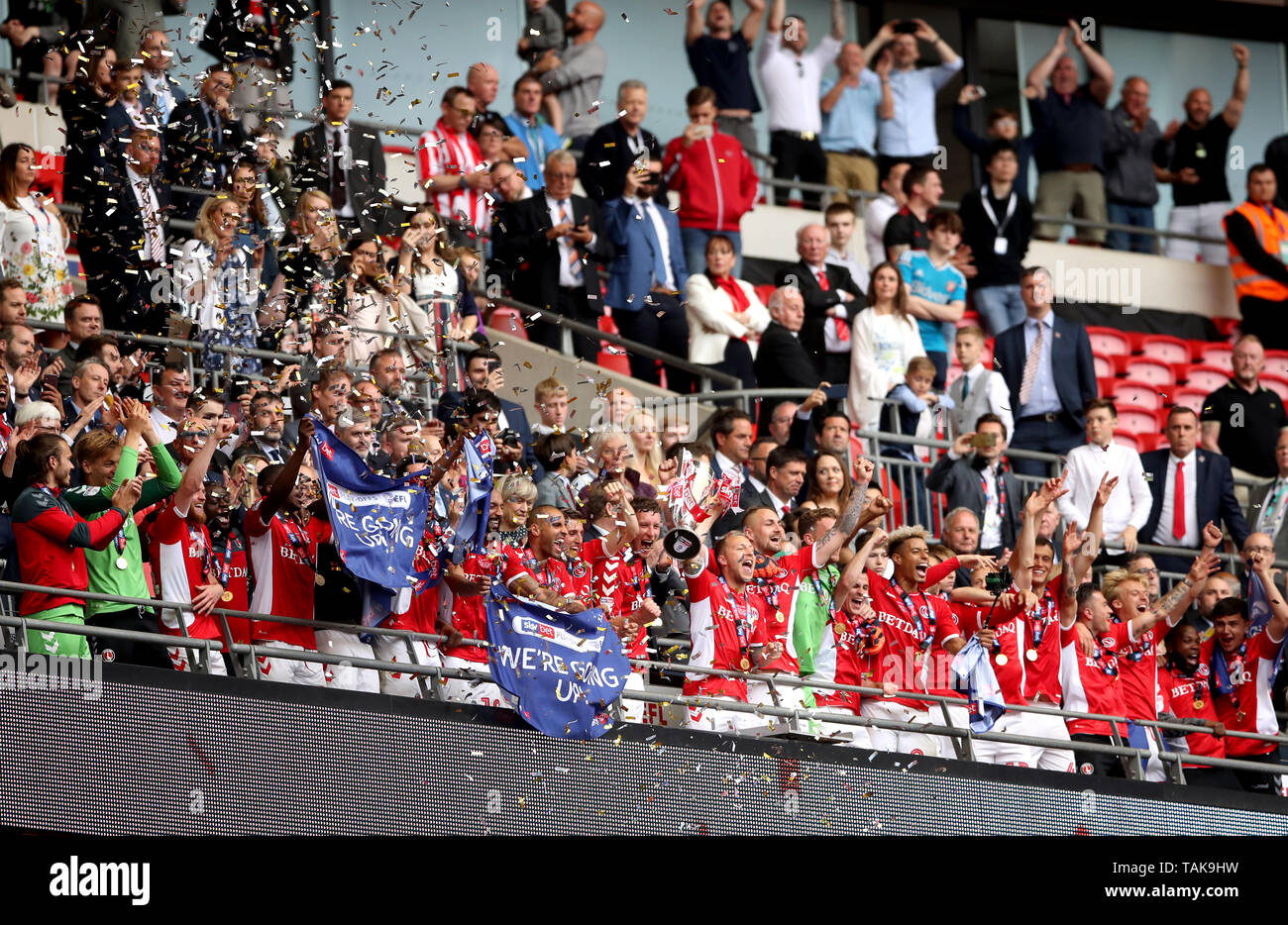 Charlton Athletic players lift the trophy after winning the Sky Bet ...