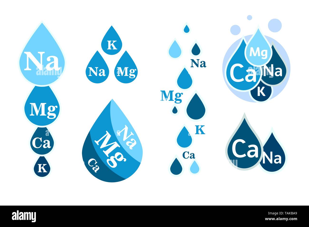 Set of Mineral water icon. Blue drops with mineral designations. Simple ...