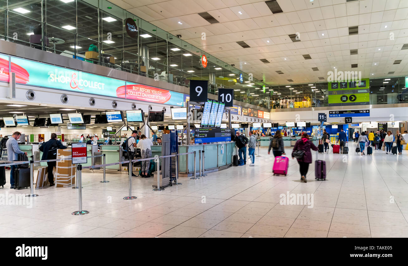 Dublin, Ireland, May 2019 Dublin airport Terminal 1, people checking in ...
