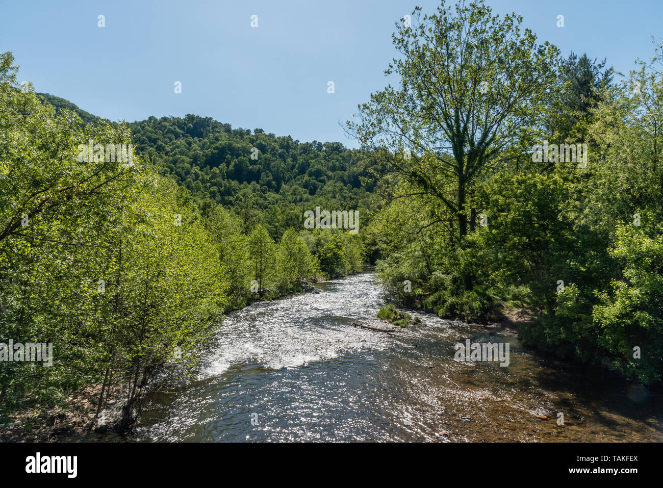 Beautiful Pigeon river vista in springtime, western North Carolina ...