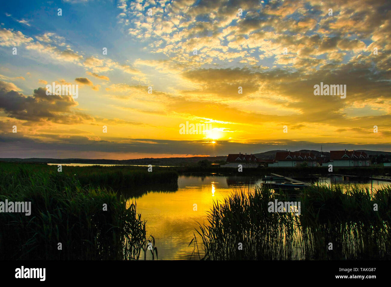 Beautiful, colorful sunshine, sunset sunbeams, sun ray on the blue sky ...