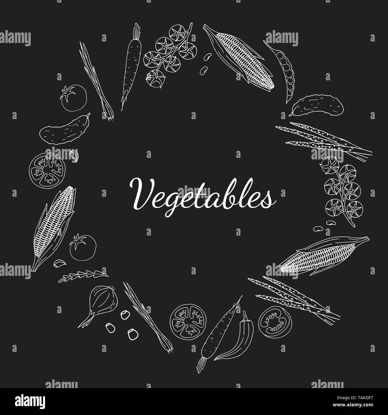 Hand drawn vegetables. Healthy food vector background. White on black ...