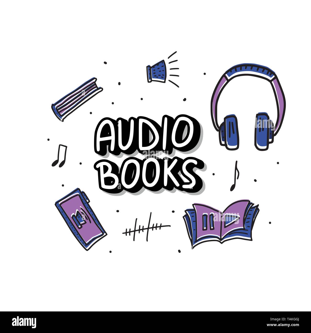 Audiobooks concept. Set of audio book symbols with lettering. Vector ...