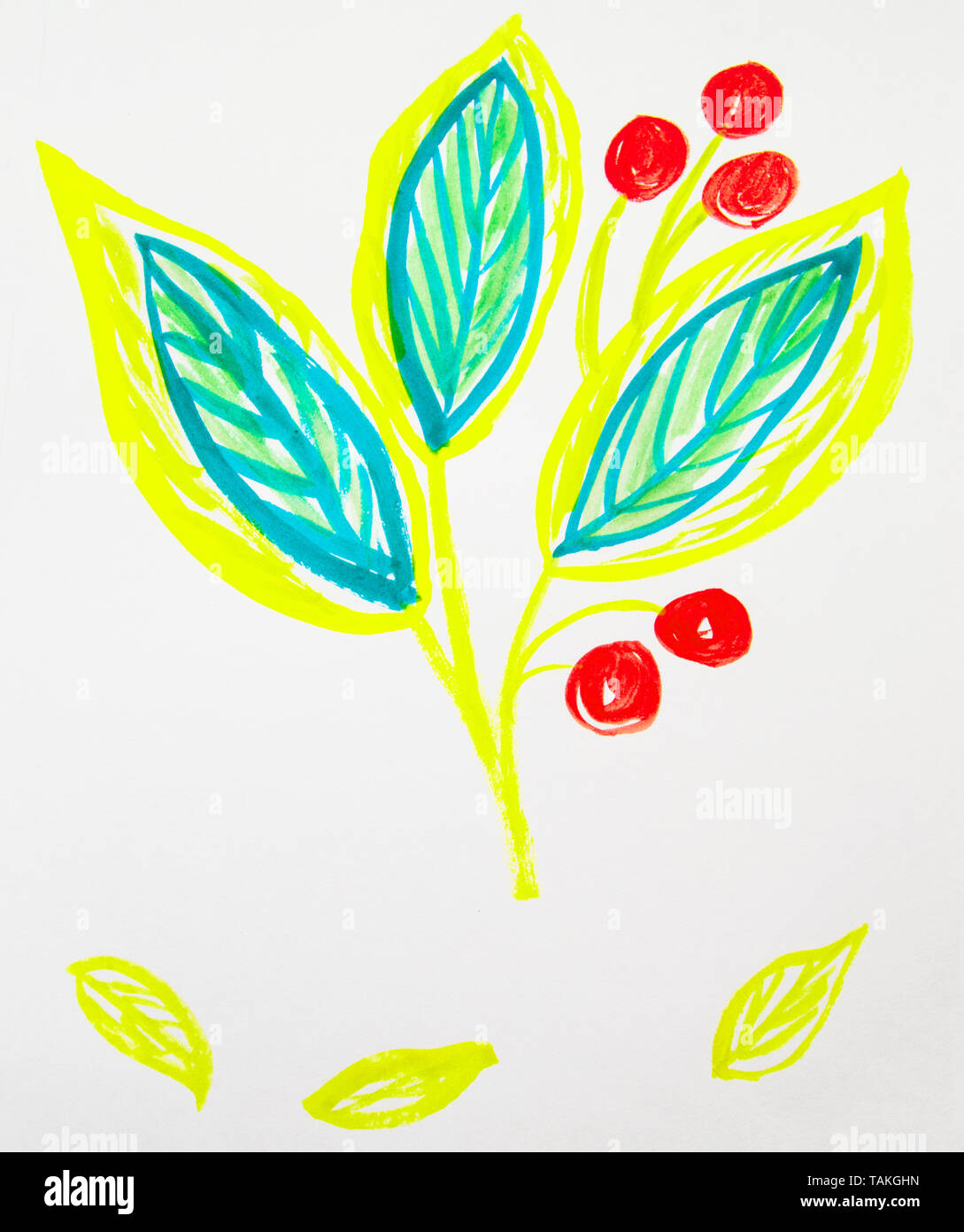 Cute hand-Drawn watercolor flower stem with leaves and berries. Yellow ...