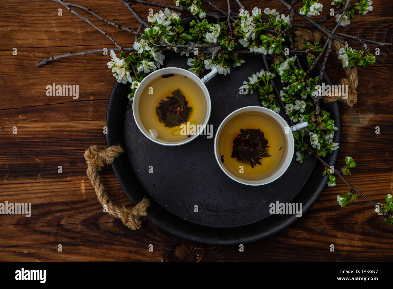 Spring tea time concept with cup of tea and cherry blomming tree ...