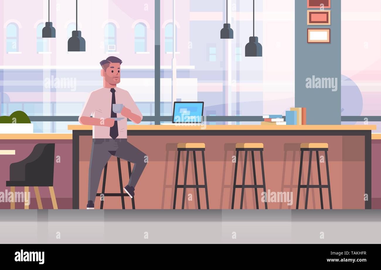 Businessman Sitting On Chair At Bar Counter With Laptop Coffee Break