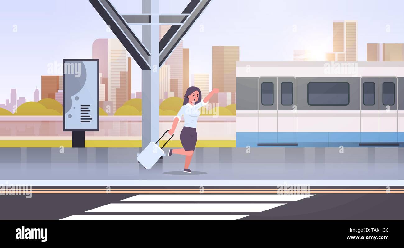 businesswoman running to catch train business woman with luggage on ...