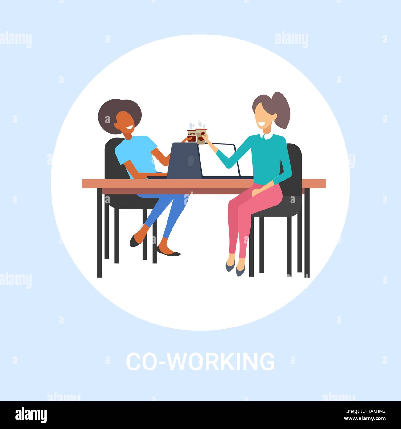 couple businesswomen colleagues discussing during coffee break mix race ...