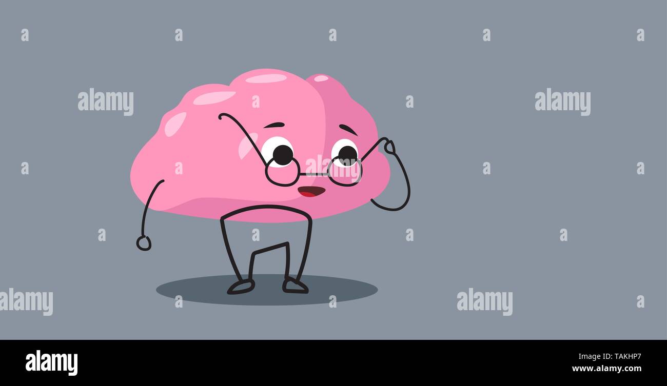 cute human brain organ pink cartoon character in round glasses ...