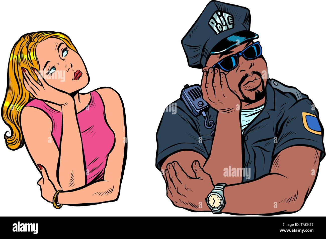 multiracial couple, African American COP and white woman. Pop art retro ...