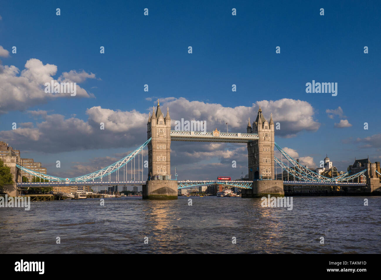 Tower Bridge wide view landscape with London red bus crossing bridge ...