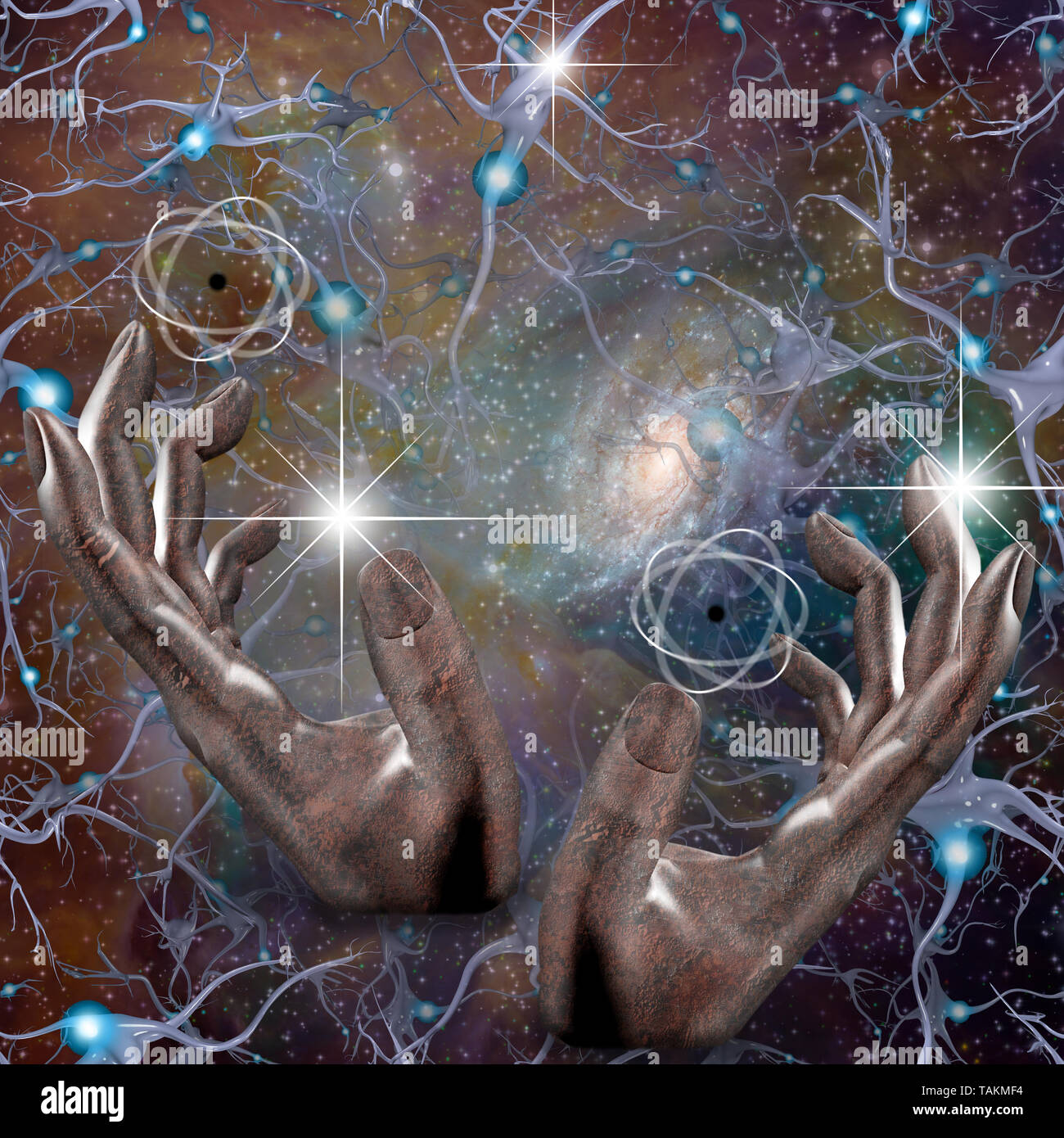 Hands of Creator. Stars, atoms and neurons in the Universe Stock Photo ...
